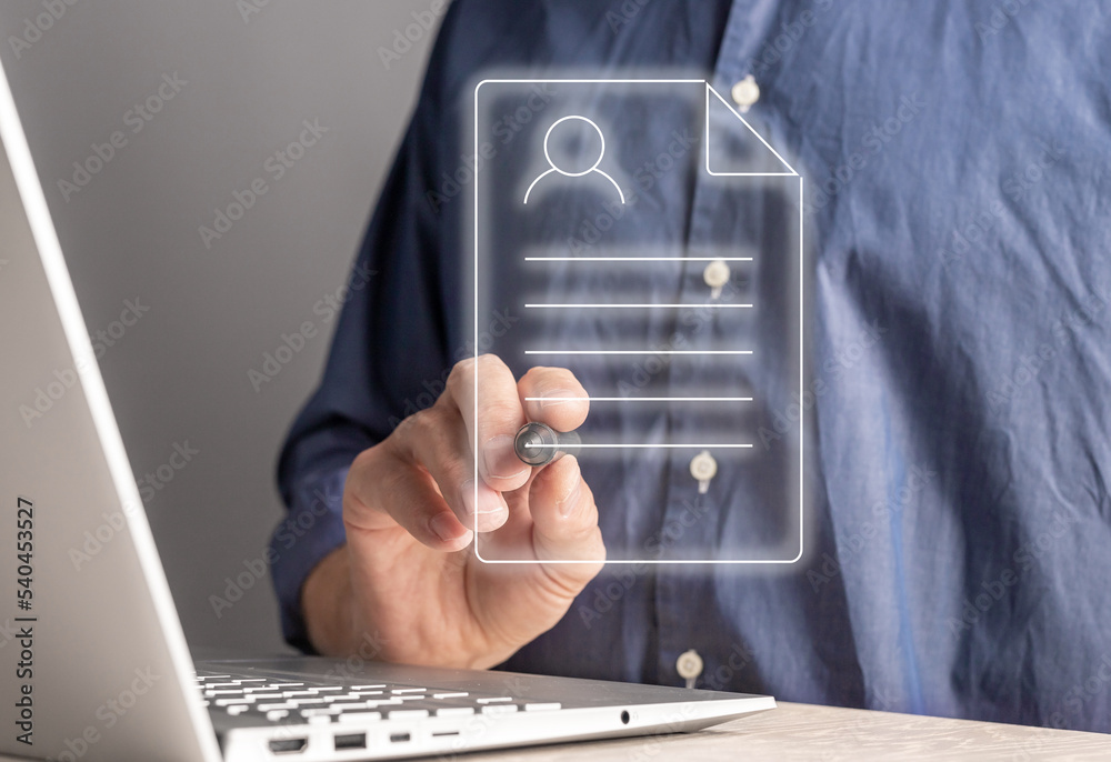 Filling online application form. Man applying CV for joj, digital ...