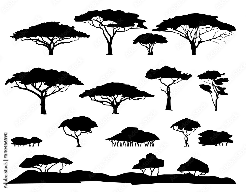 Set of plants. African savannah landscape. Silhouette picture. Africa ...