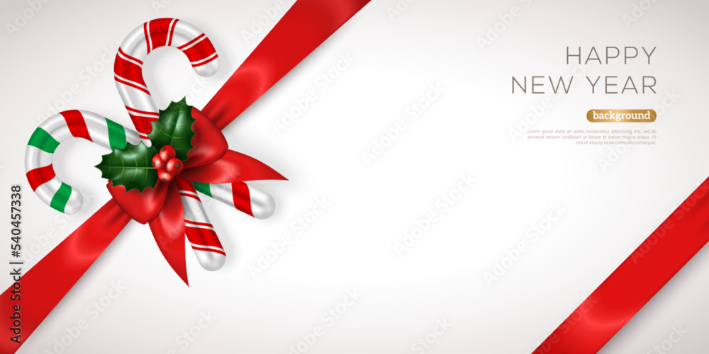 Merry Christmas poster, red ribbon bow border frame with holly tree ...