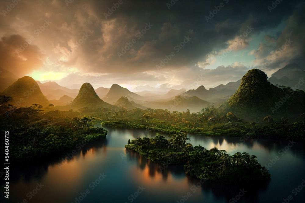 sunset rainforest panorama, jungle river with tropical vegetation, exotic fantasy landscape ...