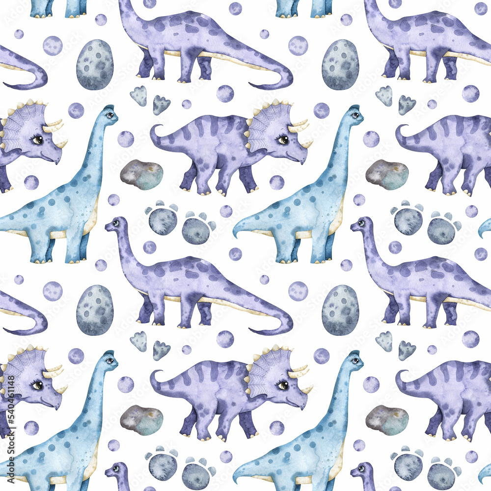 Watercolor seamless pattern with blue and violet dinosaurs, eggs, rocks ...