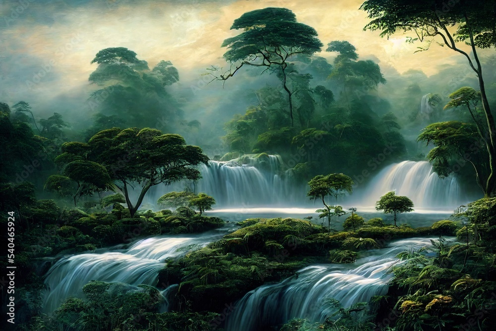 sunrise rainforest panorama, african jungle river with tropical vegetation and waterfalls ...