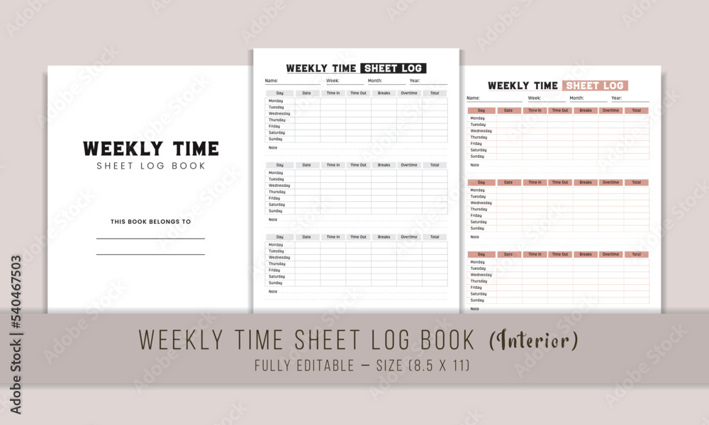 Weekly Time Sheet Log Book KDP Interior Template Design Stock Vector ...