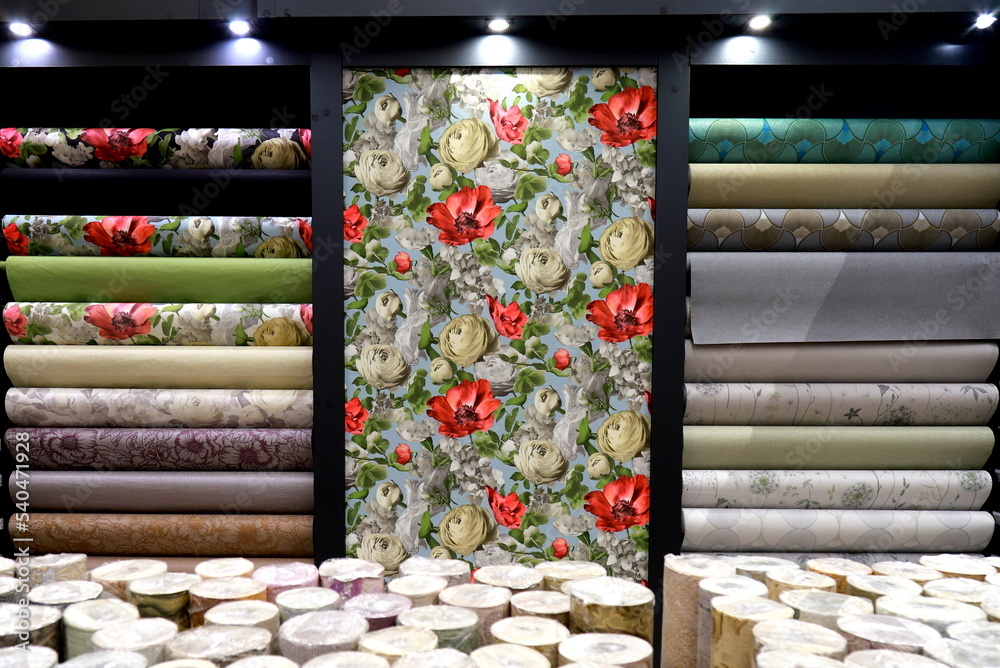 Vinyl wallpaper in roll in building materials store, background ...
