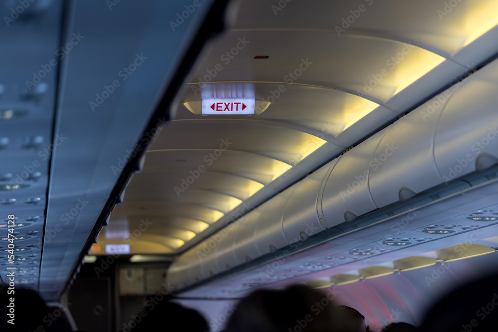 Exit sign in passenger airplane. Emergency exit sign on airplane. Exit ...