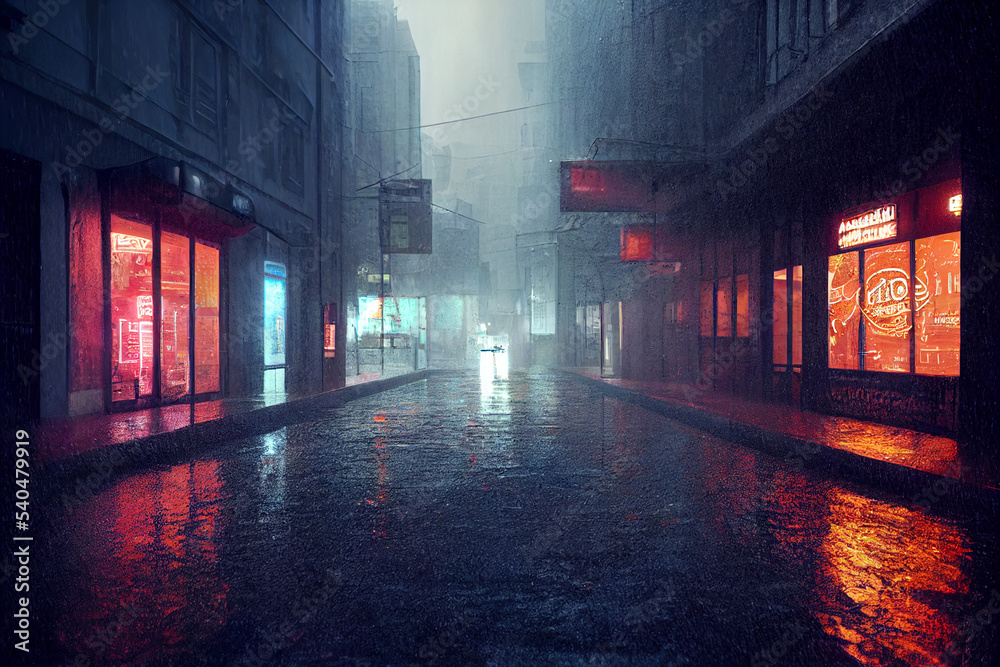 Cyberpunk street neon lights digital art illustration Stock ...