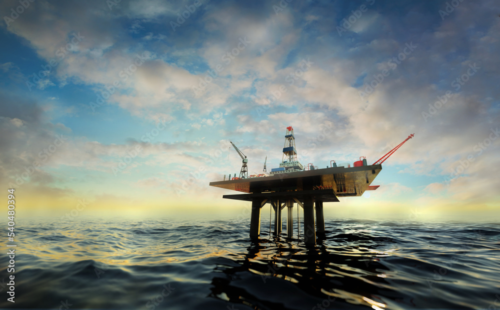 Oil platform at the sea during sunset. . Offshore oil rig, drilling rig ...