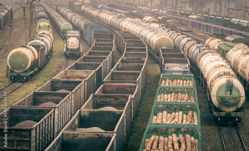 Freight wagons in railway. Dead end on railway station with cargo ...