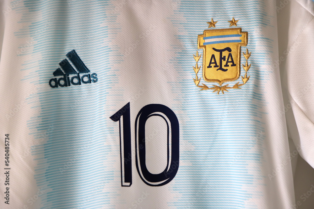 Argentina soccer jersey. Lionel Messi shirt. Number 10. light blue and ...
