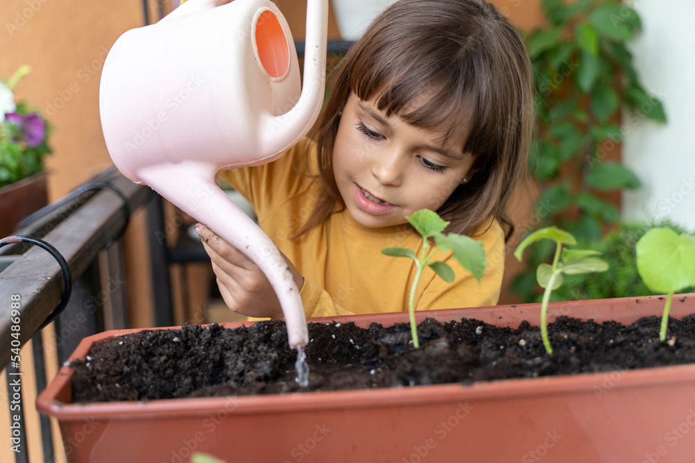 Little girl watering planted seeds from a watering can. Kid plants and ...