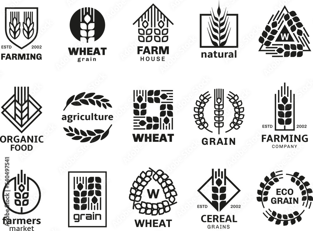 Harvest logo with wheat ears. Malt, rice logos design, natural grains ...