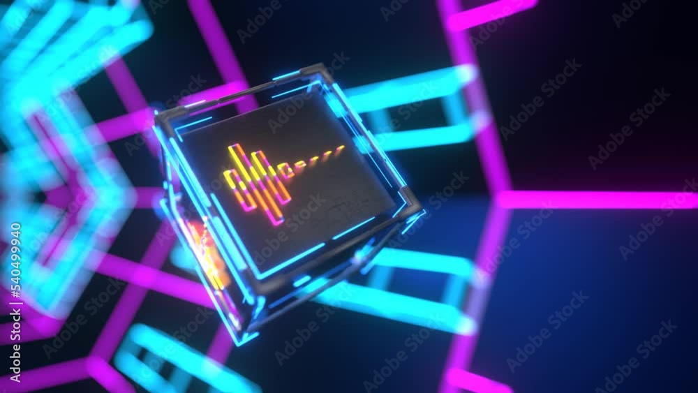 Rotation of a cube in a neon tunnel. cube with an equalizer moves ...