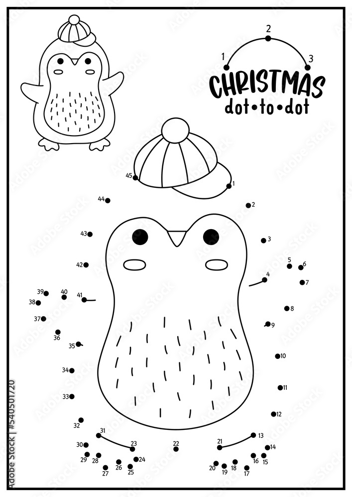 Vector Christmas dot-to-dot and color activity with cute kawaii penguin ...