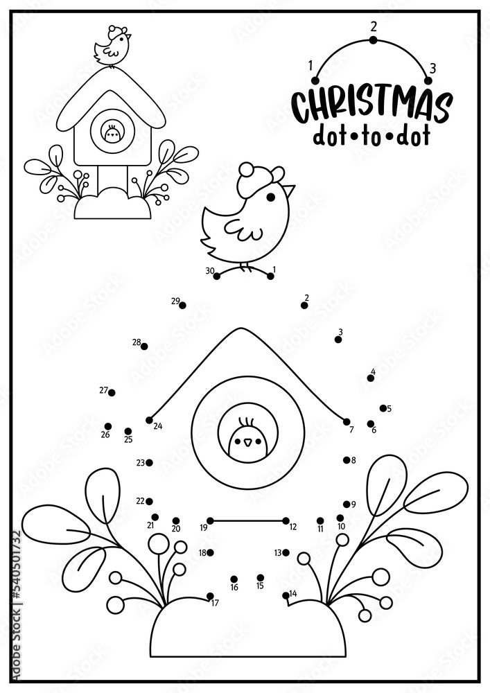 Vector Christmas dot-to-dot and color activity with cute kawaii bird ...
