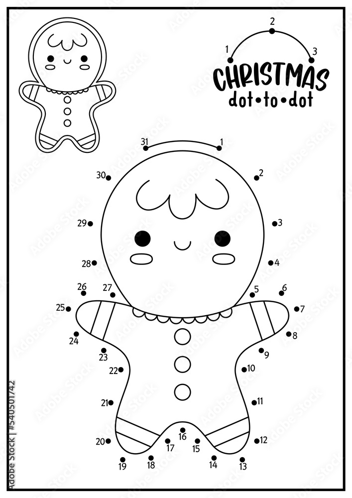 Vector Christmas dot-to-dot and color activity with cute kawaii ...