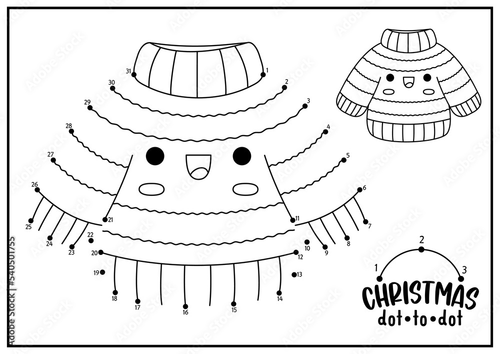 Vector Christmas dot-to-dot and color activity with cute kawaii sweater ...