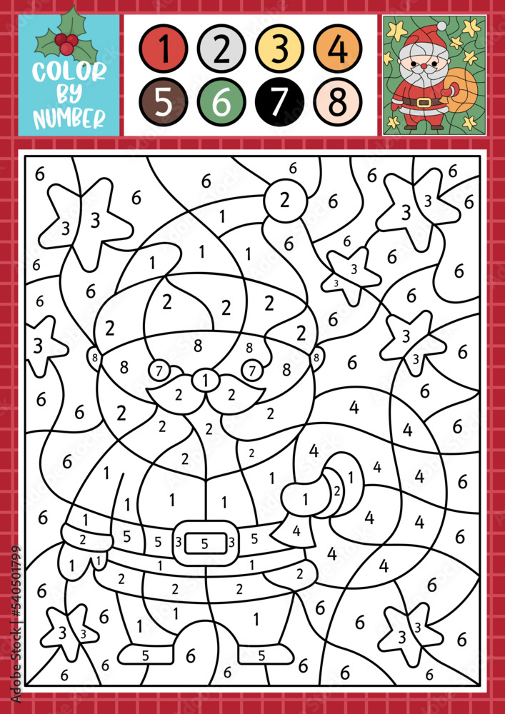 Vector Christmas color by number activity with cute kawaii Santa Claus ...