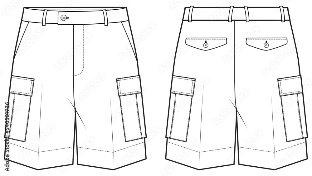 Vetor de Men's Cargo shorts front and back view flat sketch fashion ...