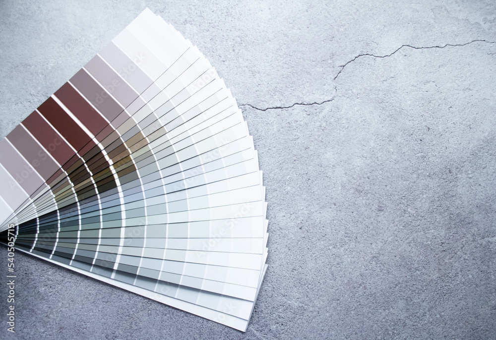 Paint samples colors swatch for interior design. Gray concrete cracked ...