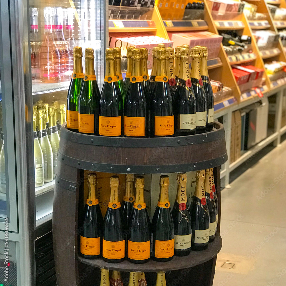 MOSCOW, RUSSIA - JULY 25, 2019: Veuve Clicquot Brut Champagne and Moët ...