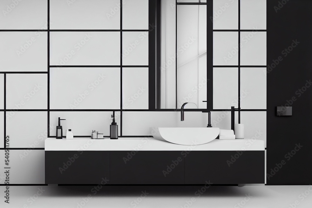 3D render an empty white vanity counter with ceramic washbasin and ...