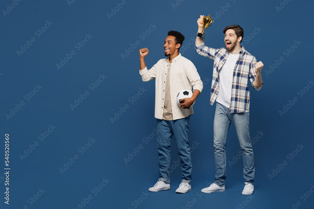 Full body young two fan friend men wear shirt together cheer up ...