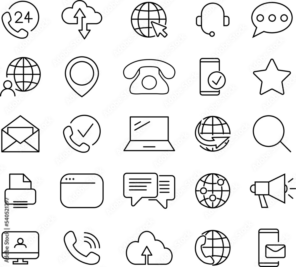 Collection of business, contact, location icons. Simple black symbols ...