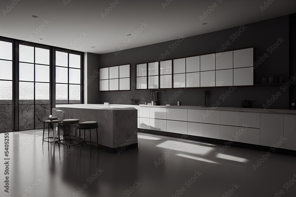 White kitchen interior with panoramic windows, a concrete floor and a ...