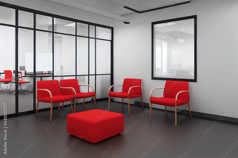 Mockup canvas frame in red waiting room for clients, white armchairs ...