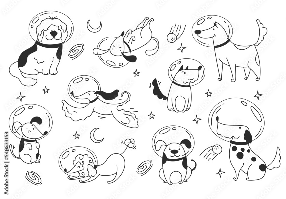 Space dog puppy astronaut cosmonaut universe travel line art doodle ...