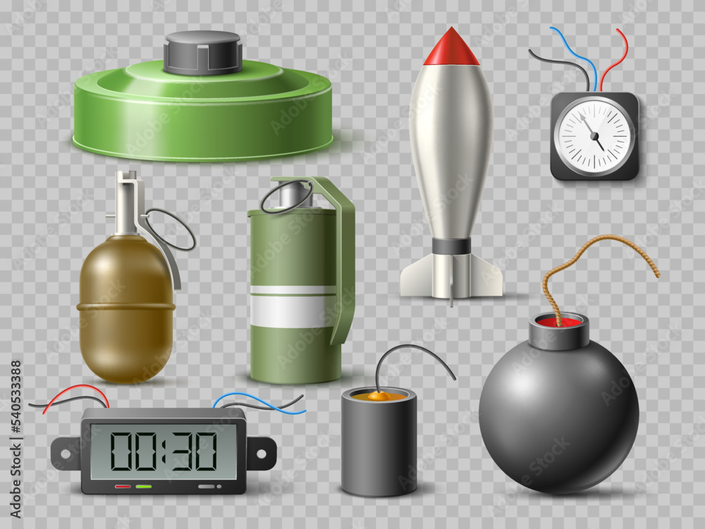 Realistic explosives. Mass defeat weapon, dangerous war objects, different bombs, dynamite, mine ...