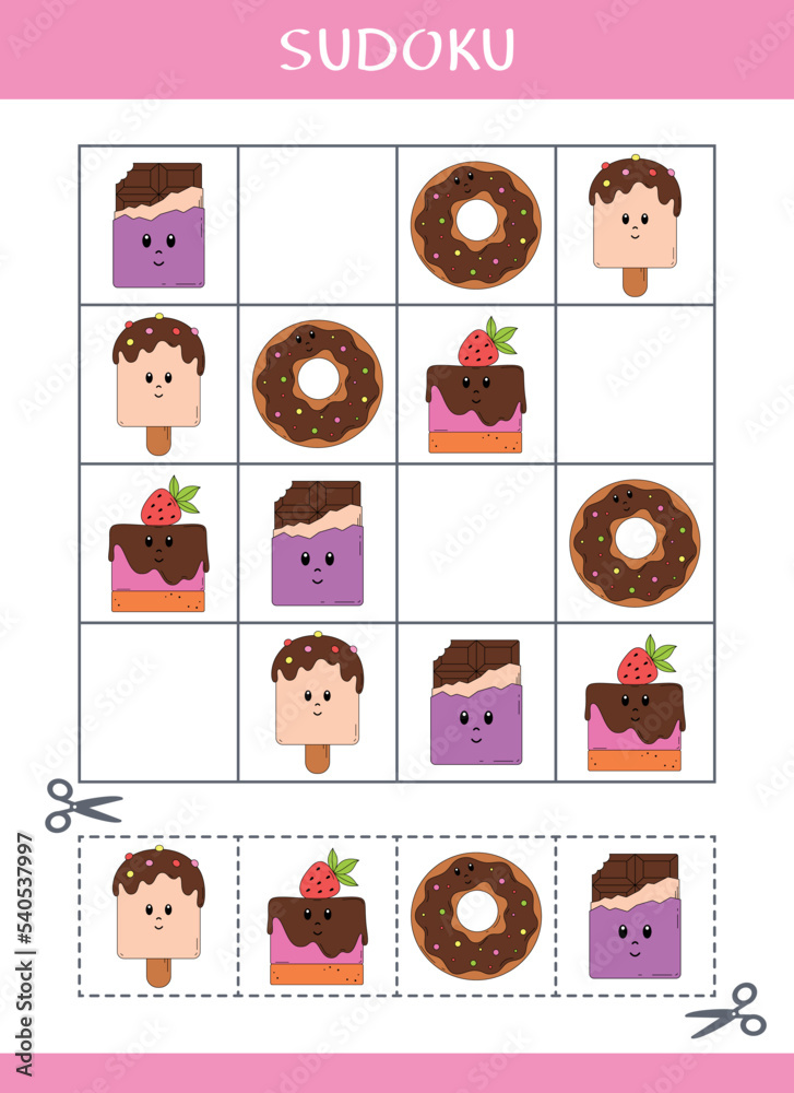 Sudoku for kids. Simple logic game. Cut and glue. Vector worksheet ...