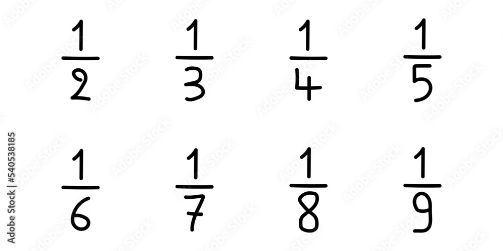 Unit fraction number. Half, third, quarter, fifth, sixth, seventh ...