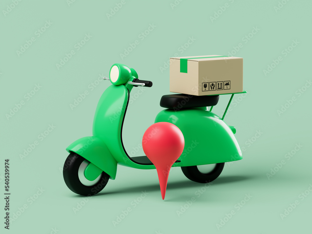 Simple cartoon scooter with delivery package on it and red point near ...