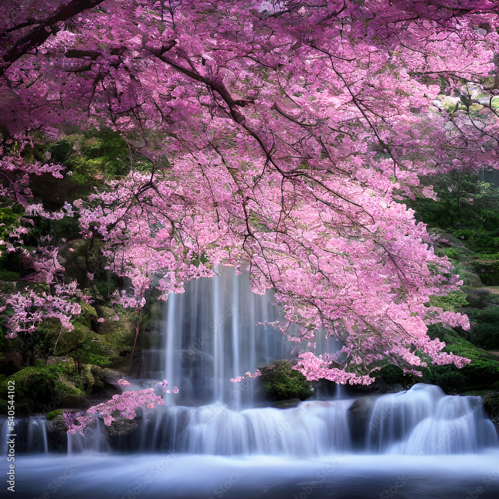 Sakura tree waterfall. Cherry blossom. Stock Illustration | Adobe Stock