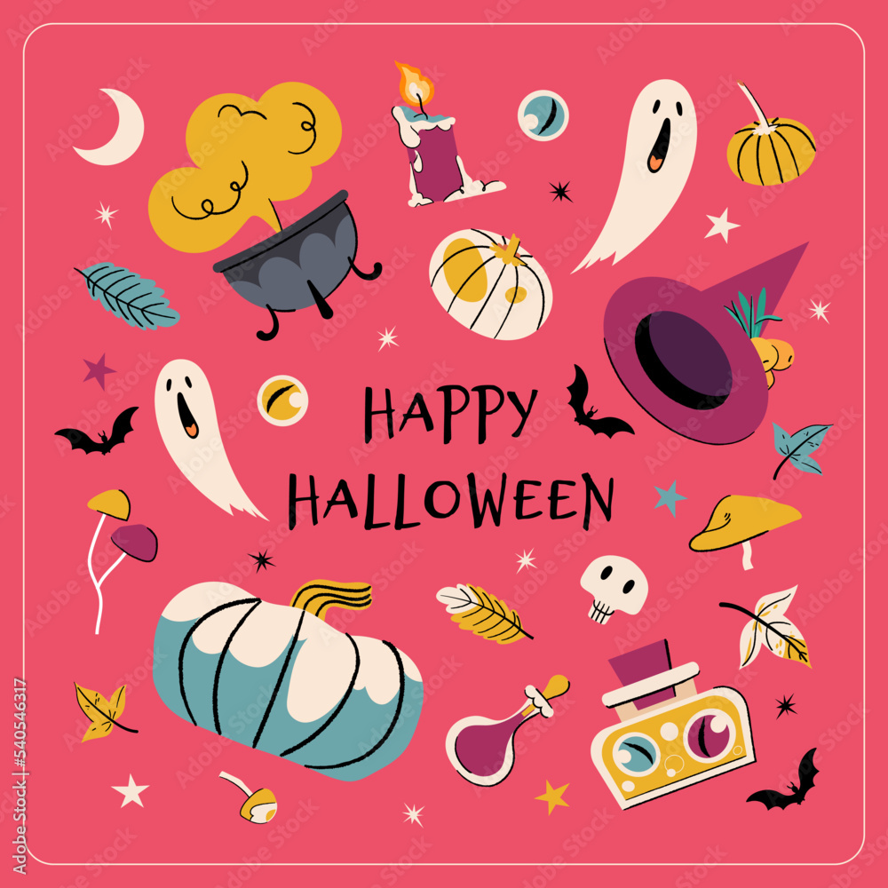 Happy Halloween vector card. Cute cartoon Illustration with cauldron ...