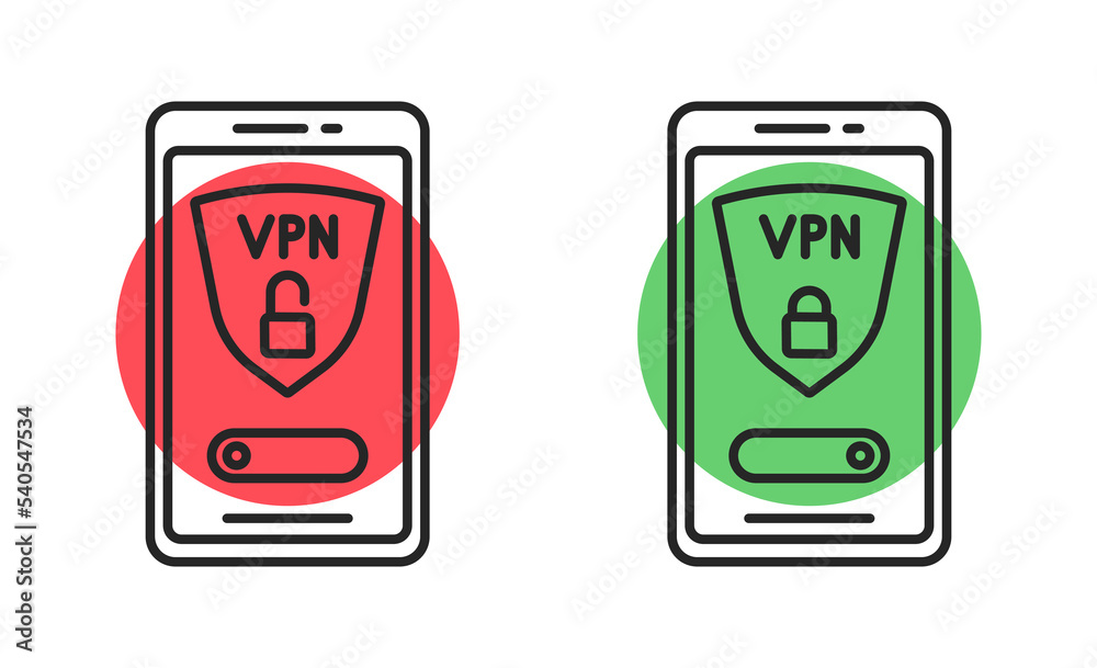 Secure VPN connection concept. Icons for ON and OFF VPN service. Phone ...