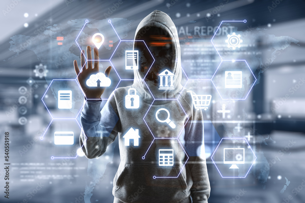 Hacker hand using abstract glowing digital icons hologram on blurry ...