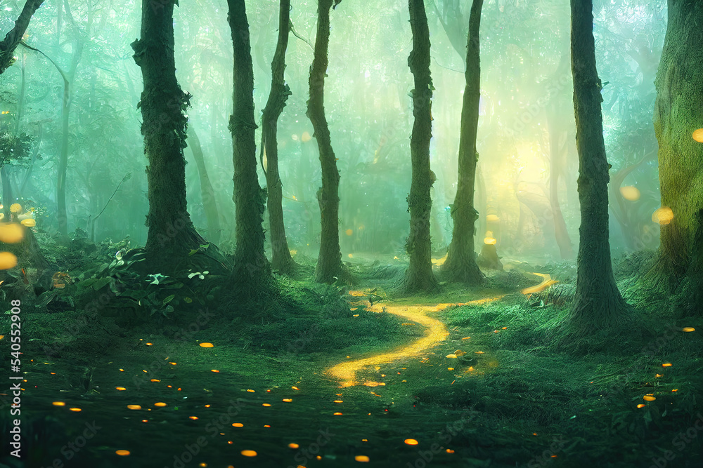 Dramatic light in a dark forest, a mysterious and surreal image. Stock ...