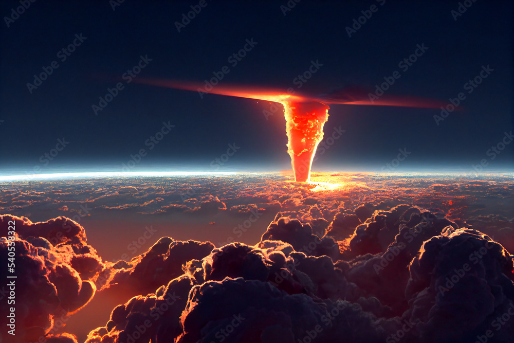 Nuclear bomb explosion. Atomic detonation. modern war. Aerial view planet earth. Bomb nuke ...