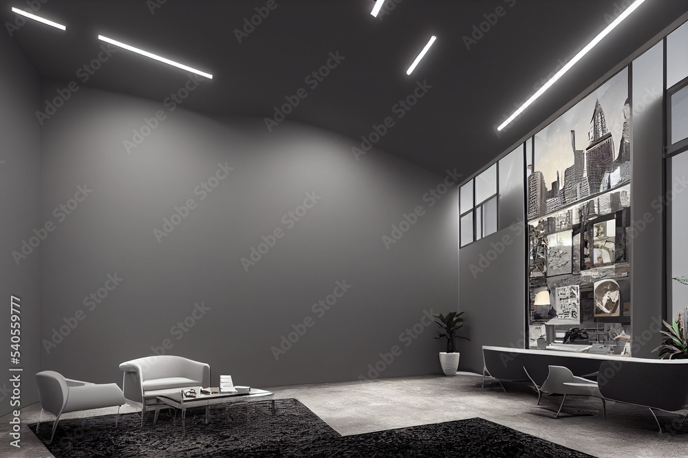 Dark gray office lobby with a concrete floor, loft windows and a glass ...