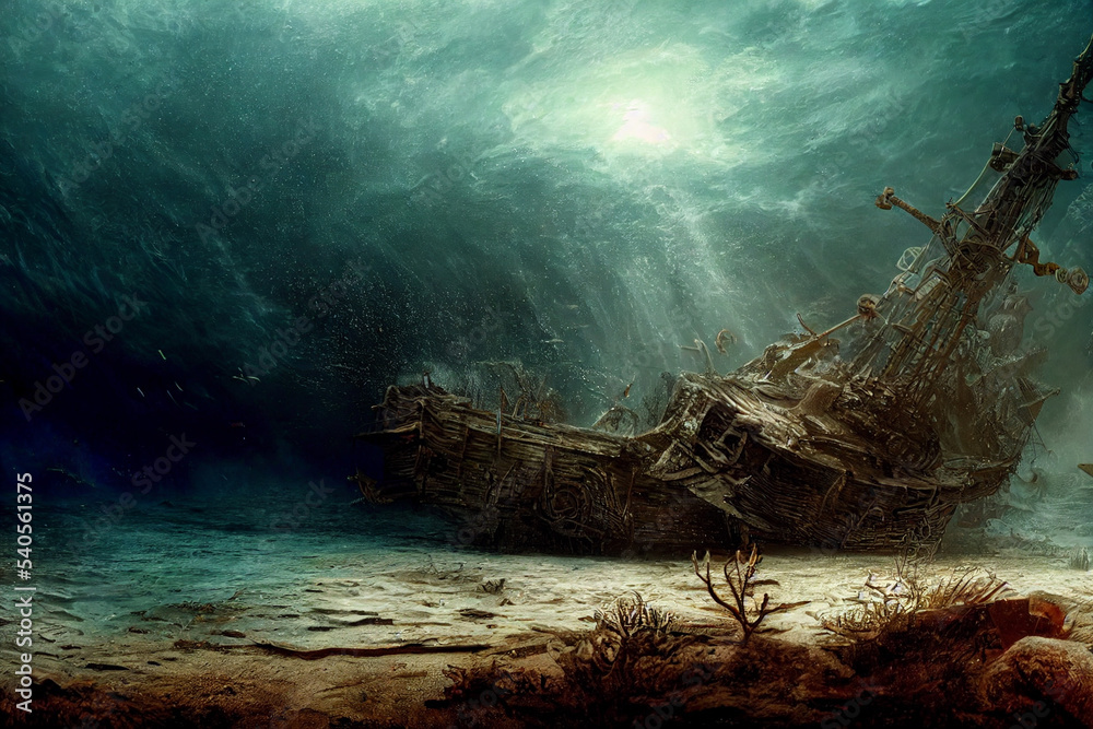 Pirate ship with treasure underwater Stock Illustration | Adobe Stock