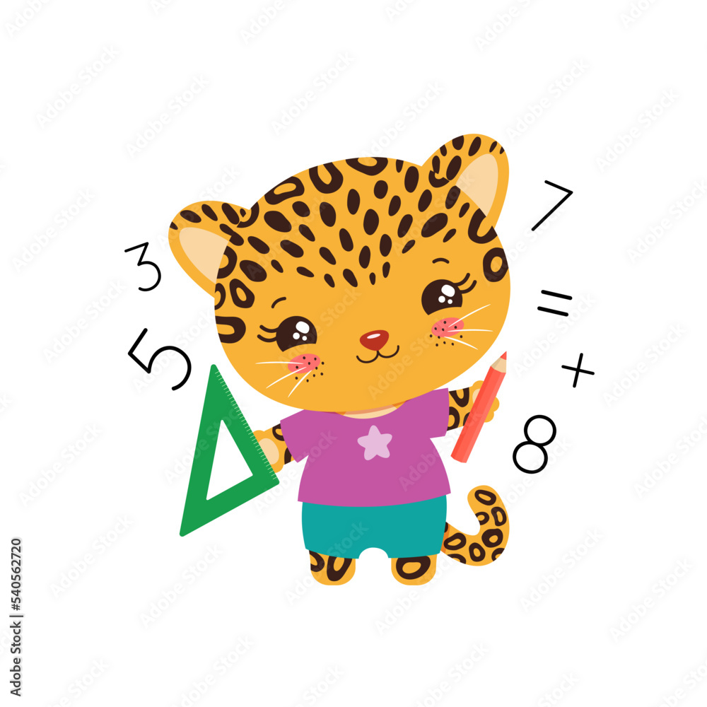 School student cartoon animal. Math school subject vector. Education ...