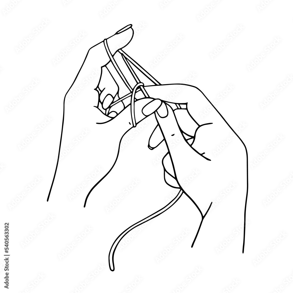 Linear sketch of female hands in the process of knitting, picking up ...