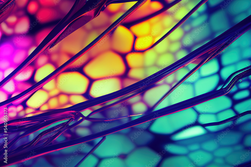 Abstract neon background, neon light cells in the dark, fluorescent ...