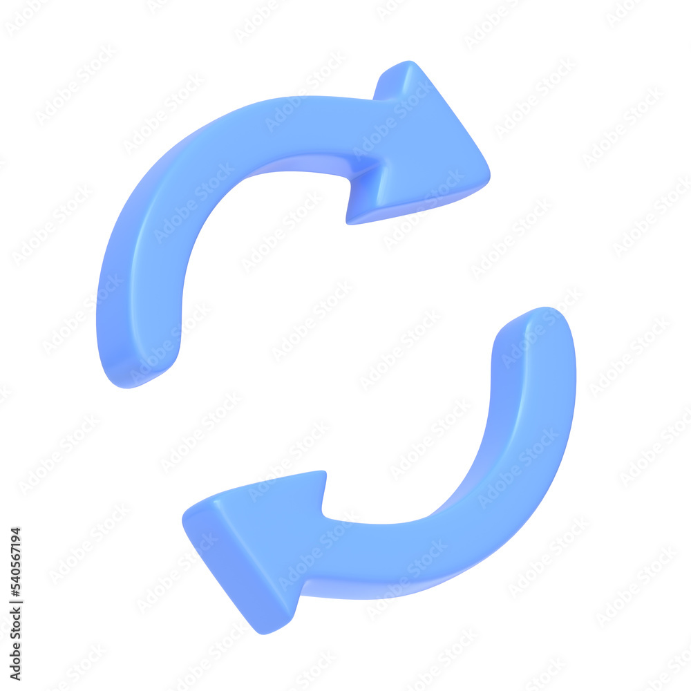 Two blue arrows icon, update symbol isolated on white background. 3D icon, sign and symbol ...