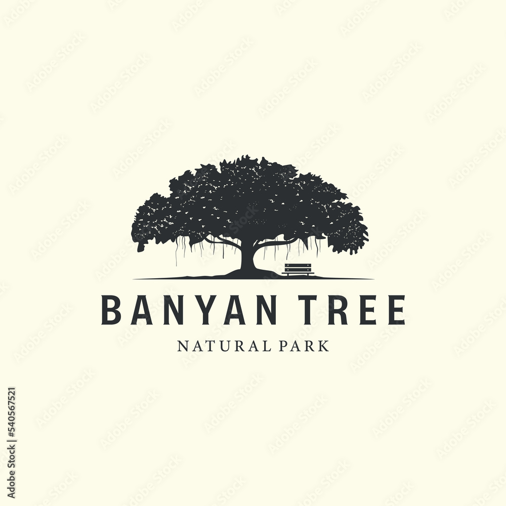 Póster vector of banyan tree with vintage style logo design ...