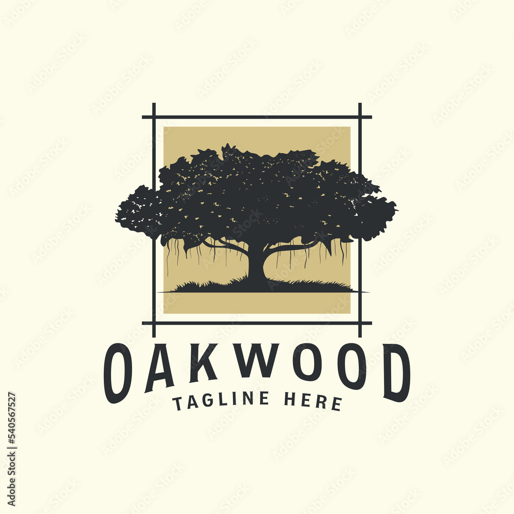 oak tree with vintage style logo vector design illustration, emblem ...