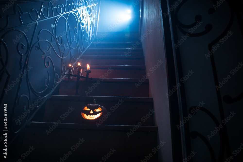 Inside of old creepy abandoned mansion. Silhouette of horror ghost ...