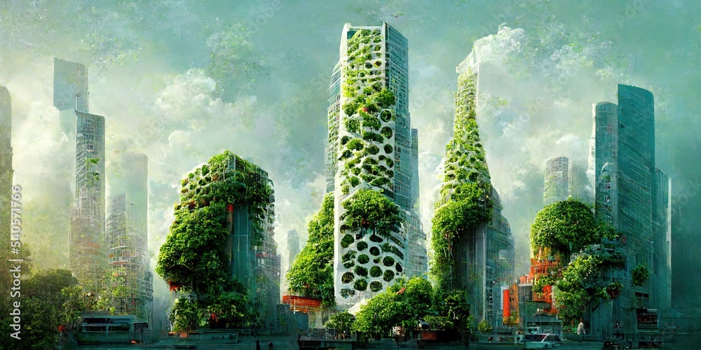 Environmentally friendly city of the future with vertical gardens and ...